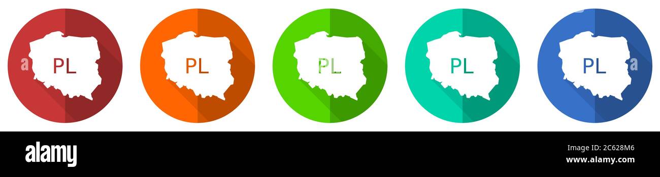 Map of Poland icon set, red, blue, green and orange flat design web ...