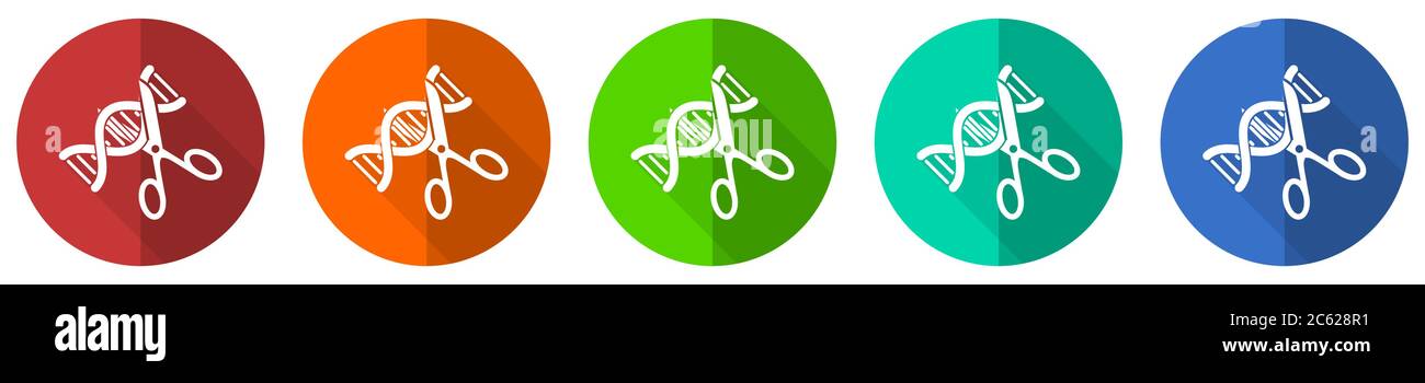 Dna, genetic modification icon set, red, blue, green and orange flat ...