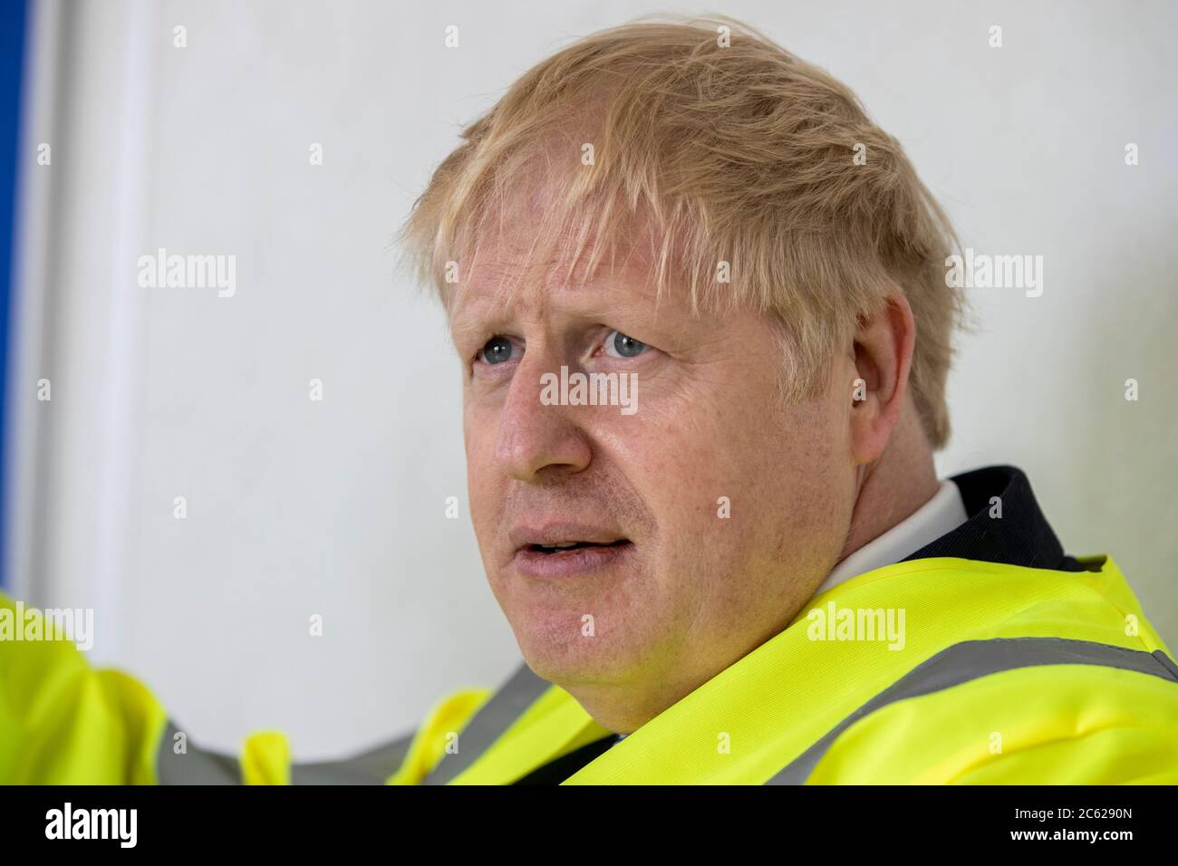 Prime Minister Boris Johnson, sporting a new haircut, during a visit to ...