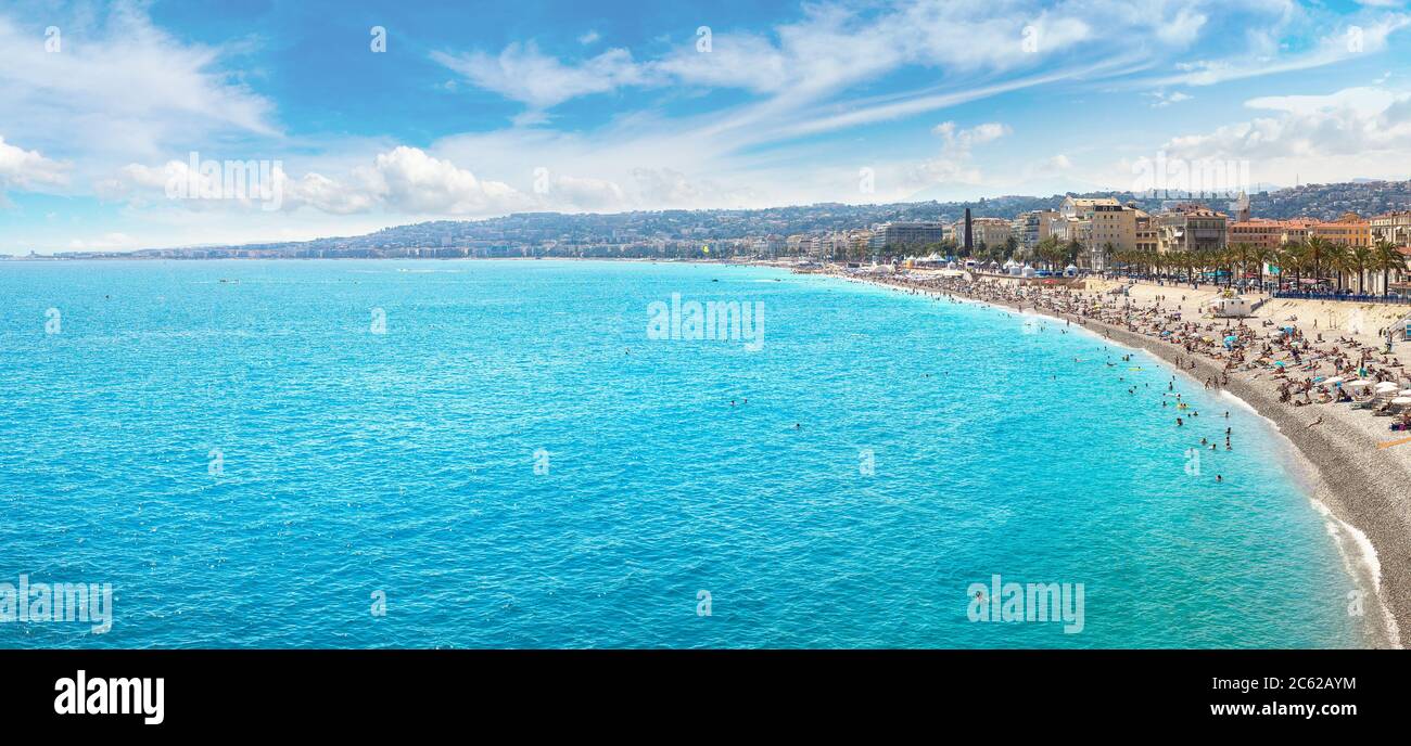 Panoramic aerial view of public beach in Nice in a beautiful summer day ...