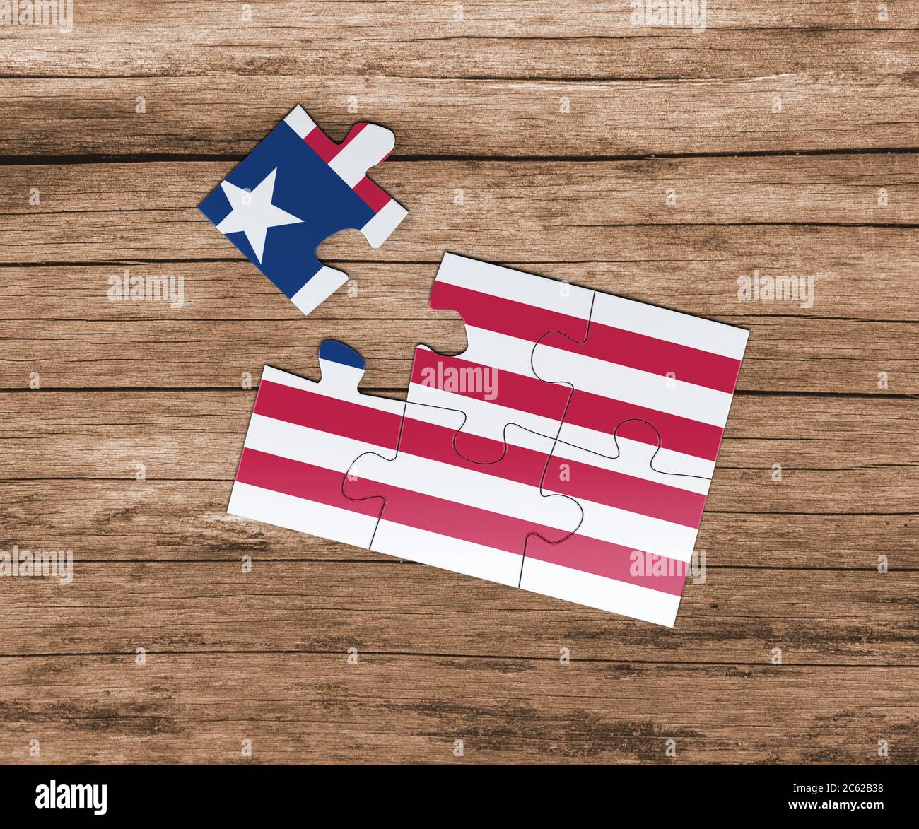 Liberia national flag on jigsaw puzzle. One piece is missing. Danger ...