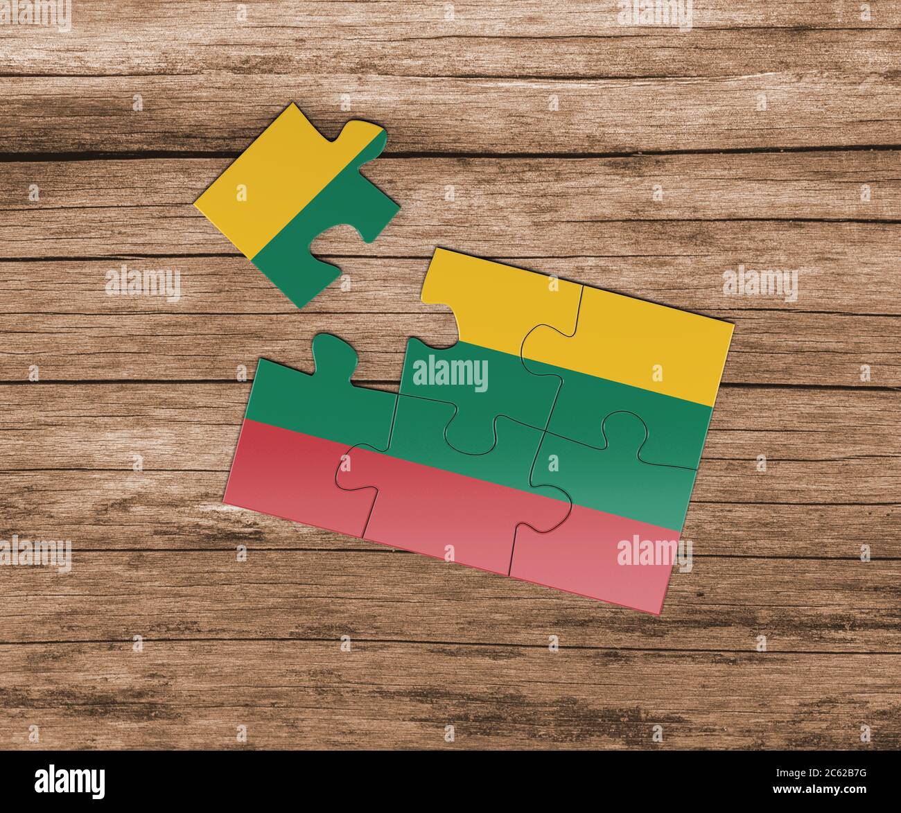 Lithuania national flag on jigsaw puzzle. One piece is missing. Danger ...