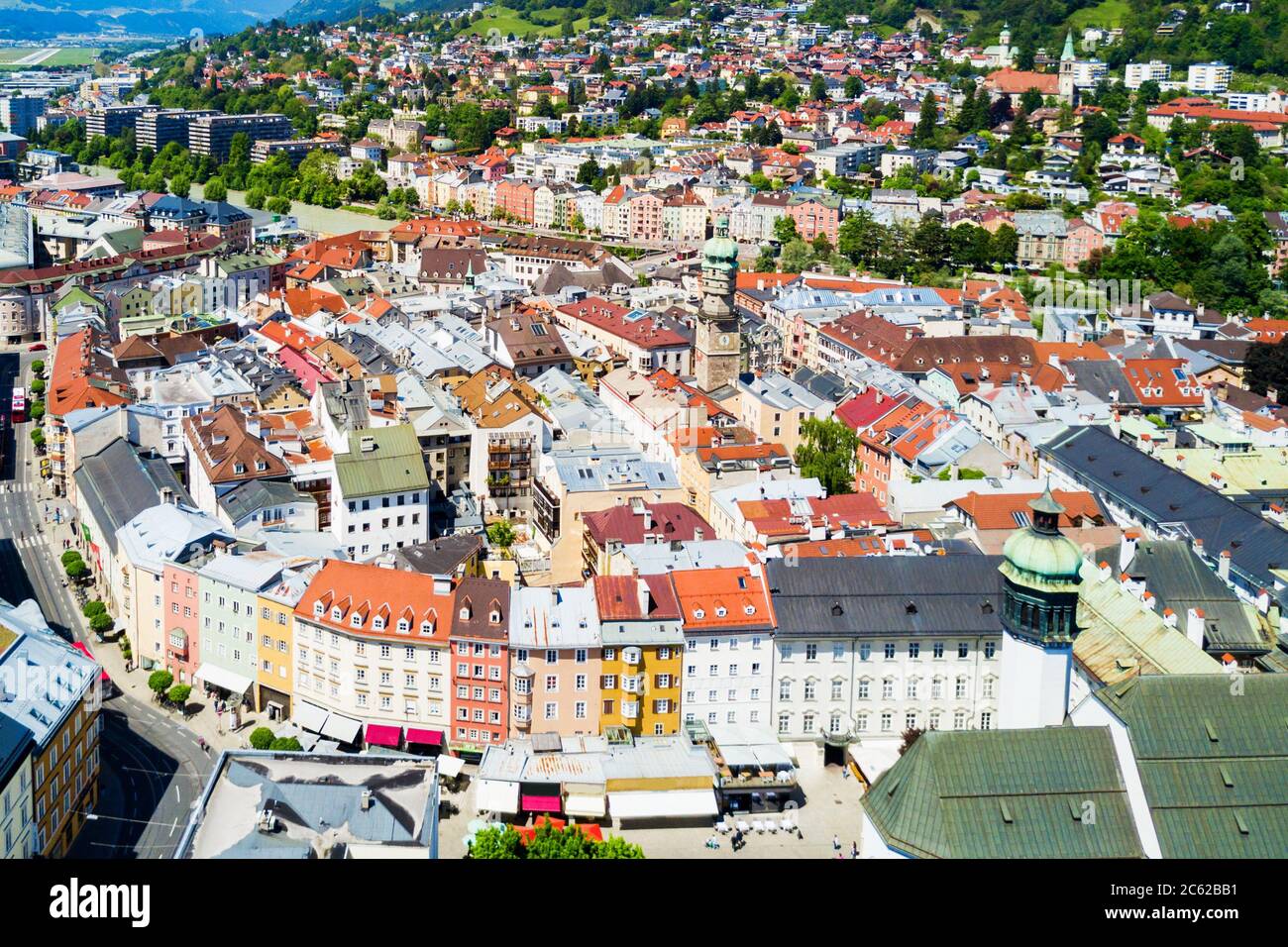 Innsbruck city centre aerial panoramic view. Innsbruck is the capital ...