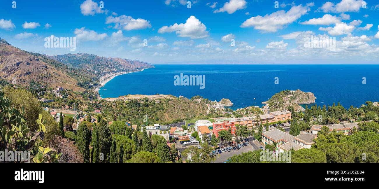 Panoramic aerial view of Taormina in Sicily, Italy in a beautiful ...