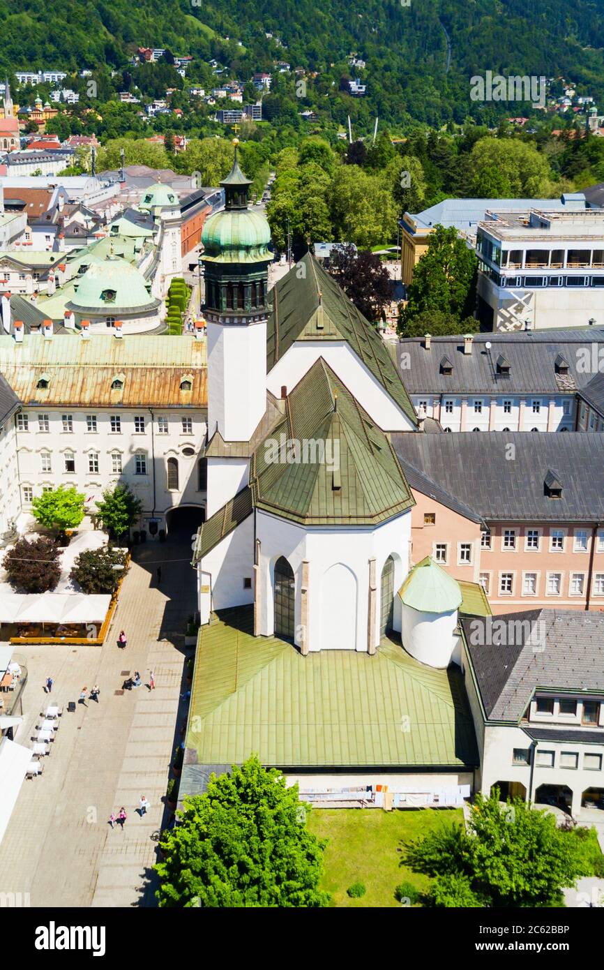 Innsbruck old town aerial panoramic view. Innsbruck is the capital city ...