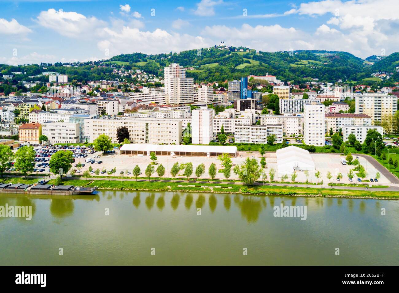 Linz city centre and Danube river aerial panoramic view in Austria ...