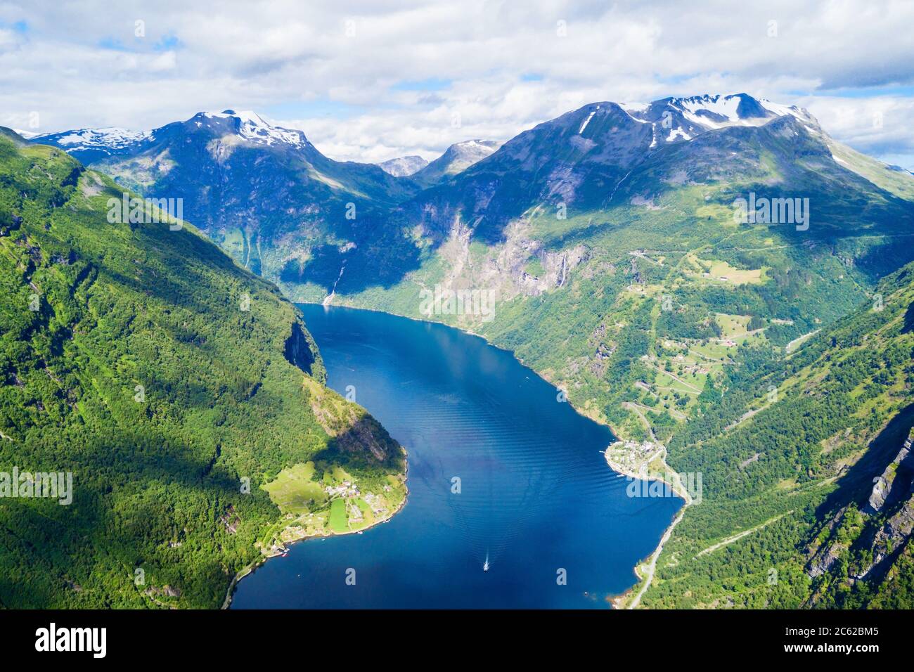Geirangerfjord and Geiranger village aerial view from Flydalsjuvet ...