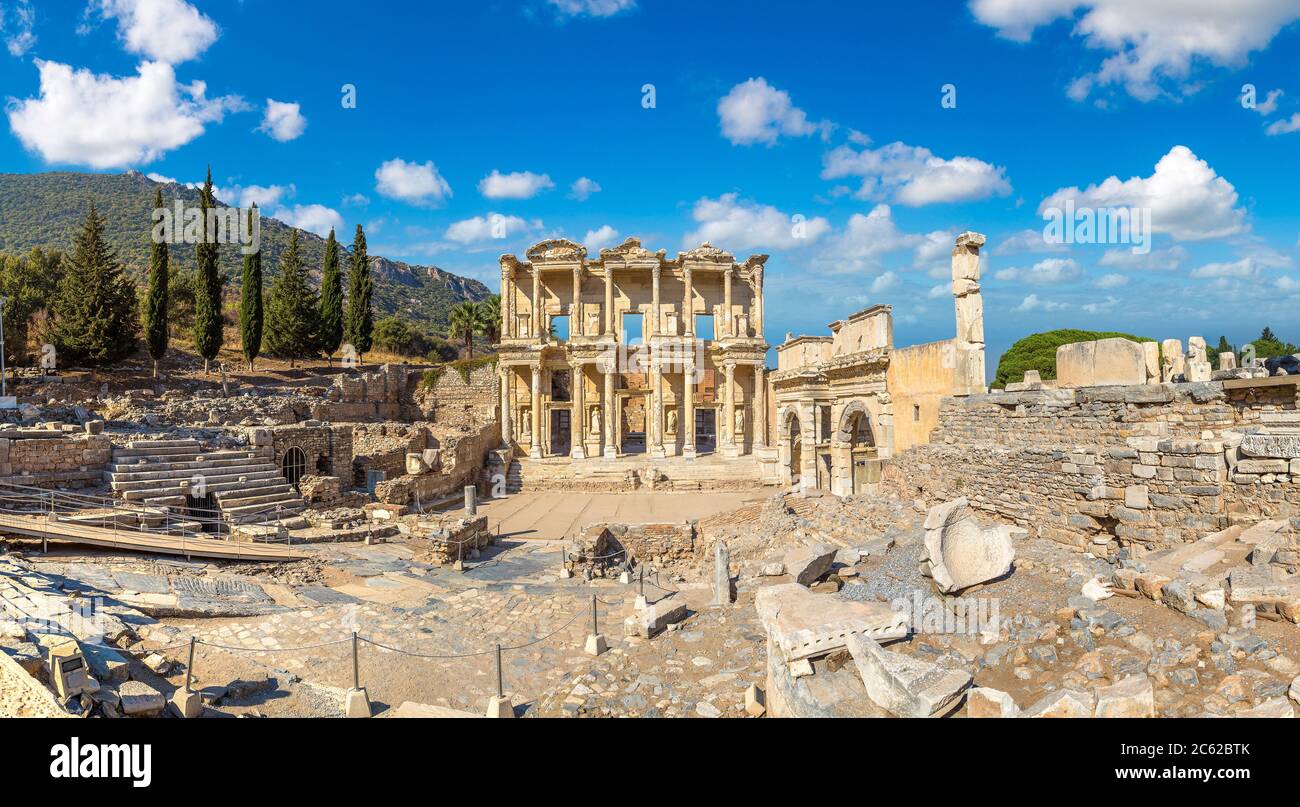 Ruins of Celsius Library in ancient city Ephesus, Turkey in a beautiful ...