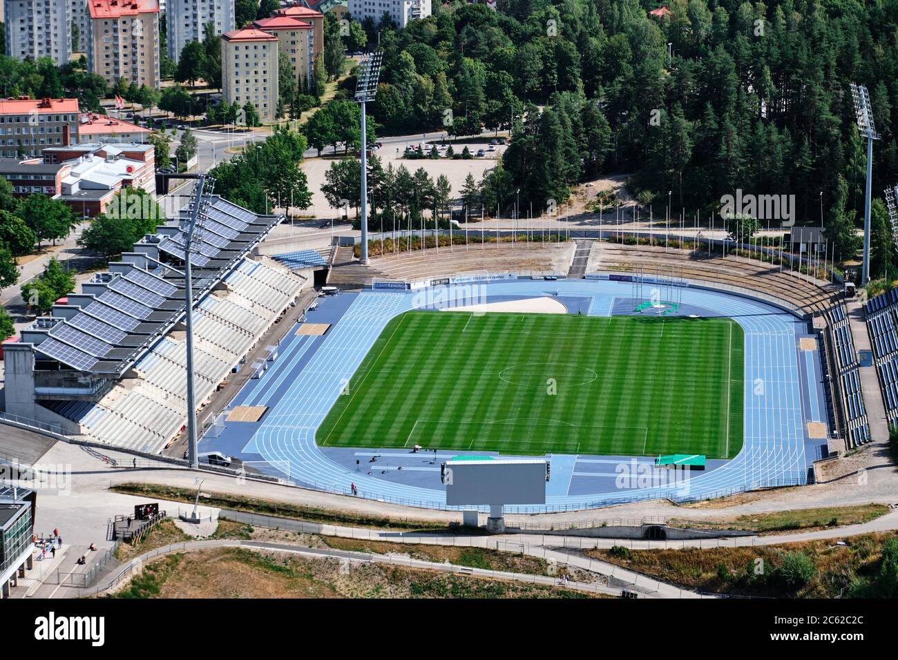 Lahti, Finland - August 6, 2019: Aerial view of the stadium in Lahti ...