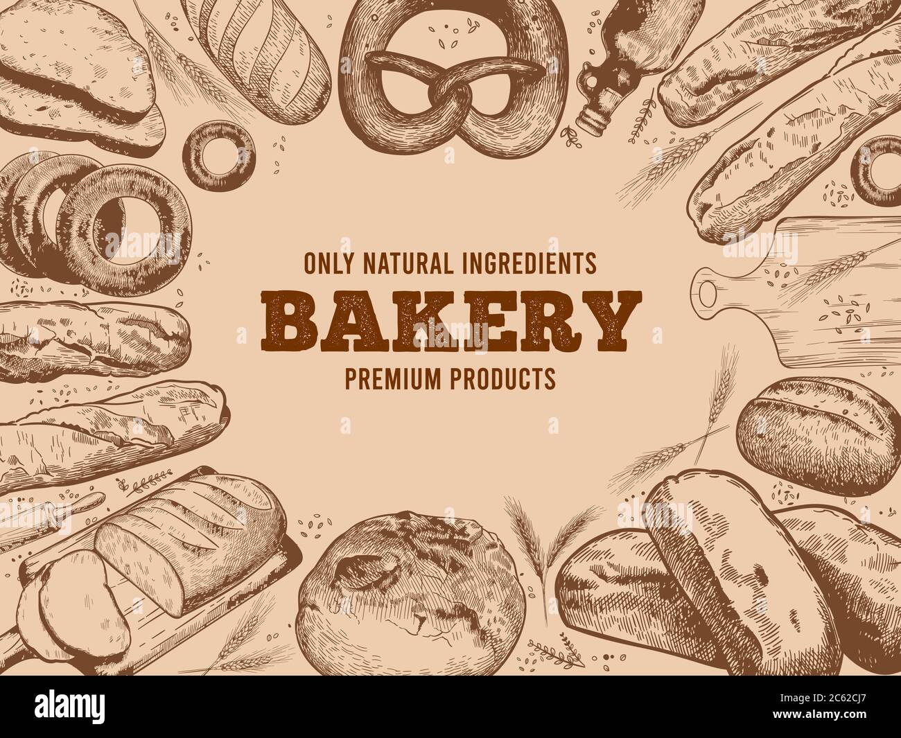 Bakery frame. French baguette, fresh bread and hand drawn baked goods ...