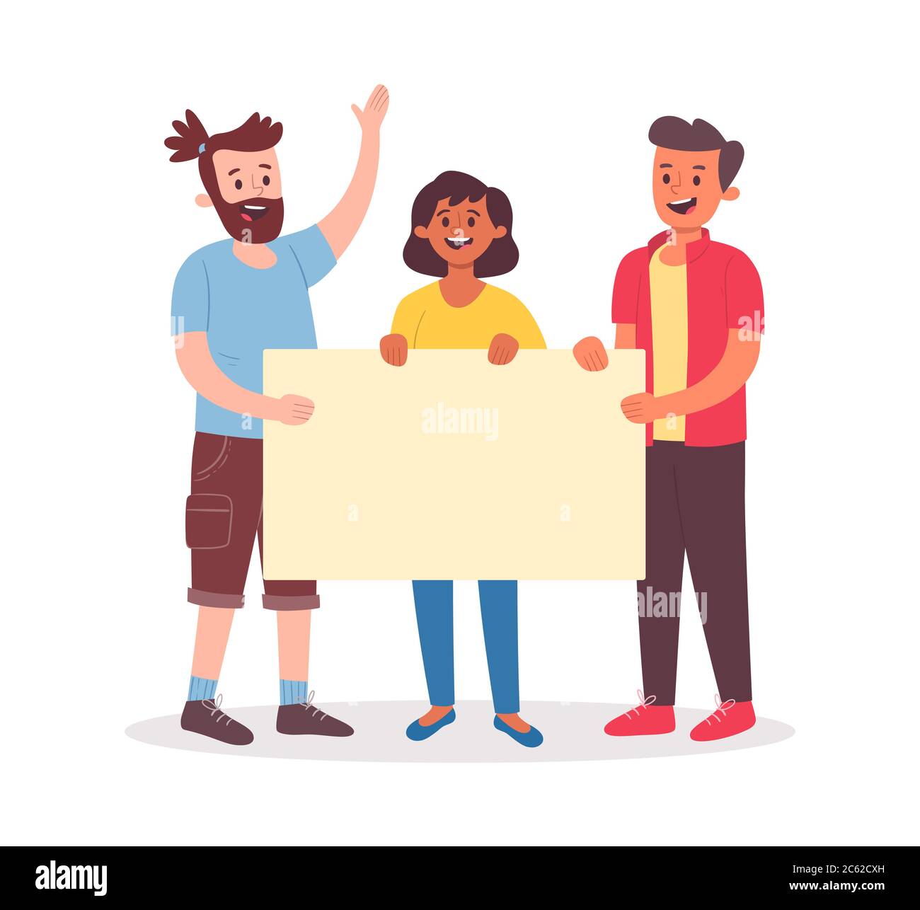 Young people holding a blank placard for text. Group of three smiling ...