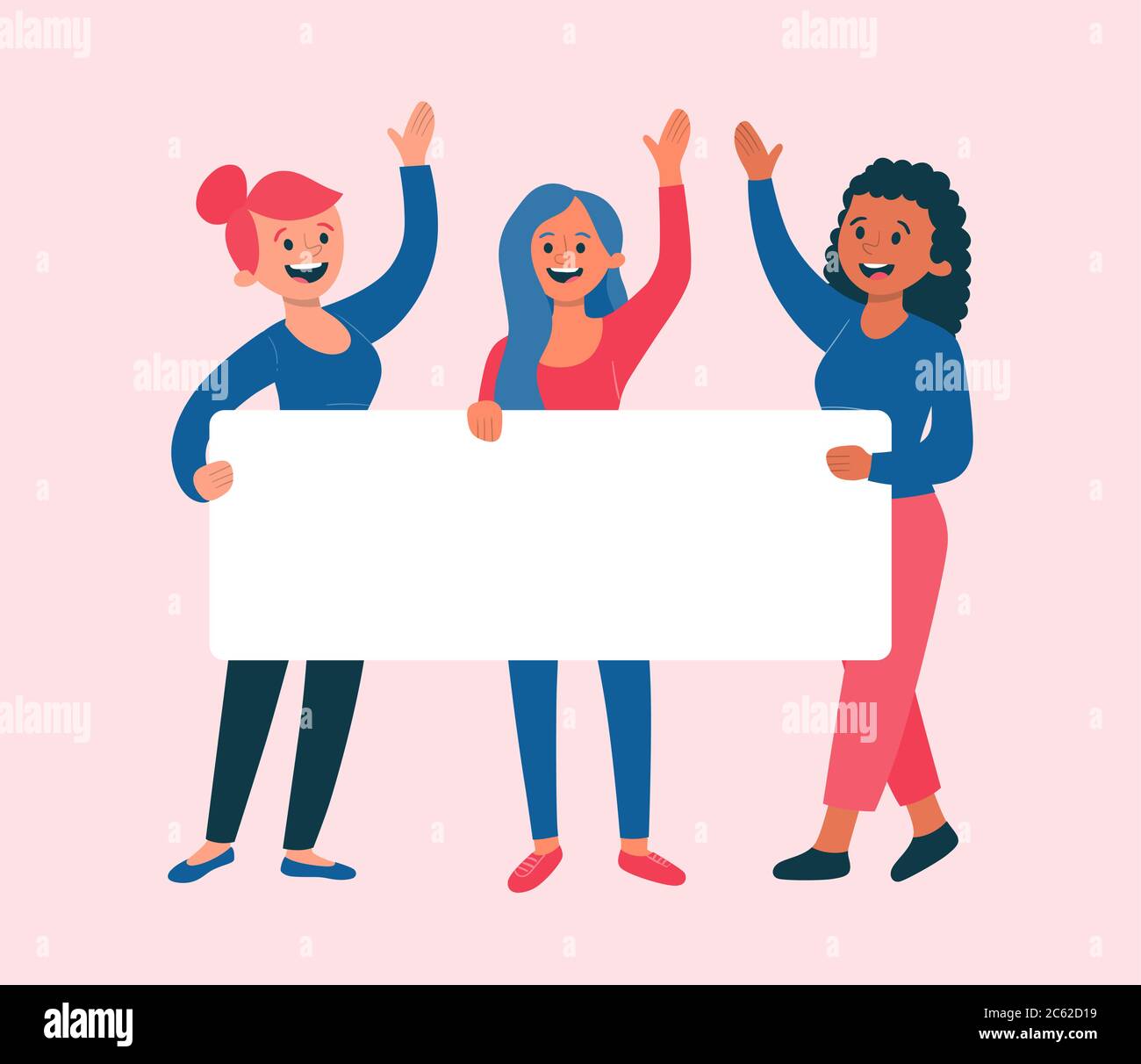 Happy young women holding a blank banner for text. Women's day concept ...