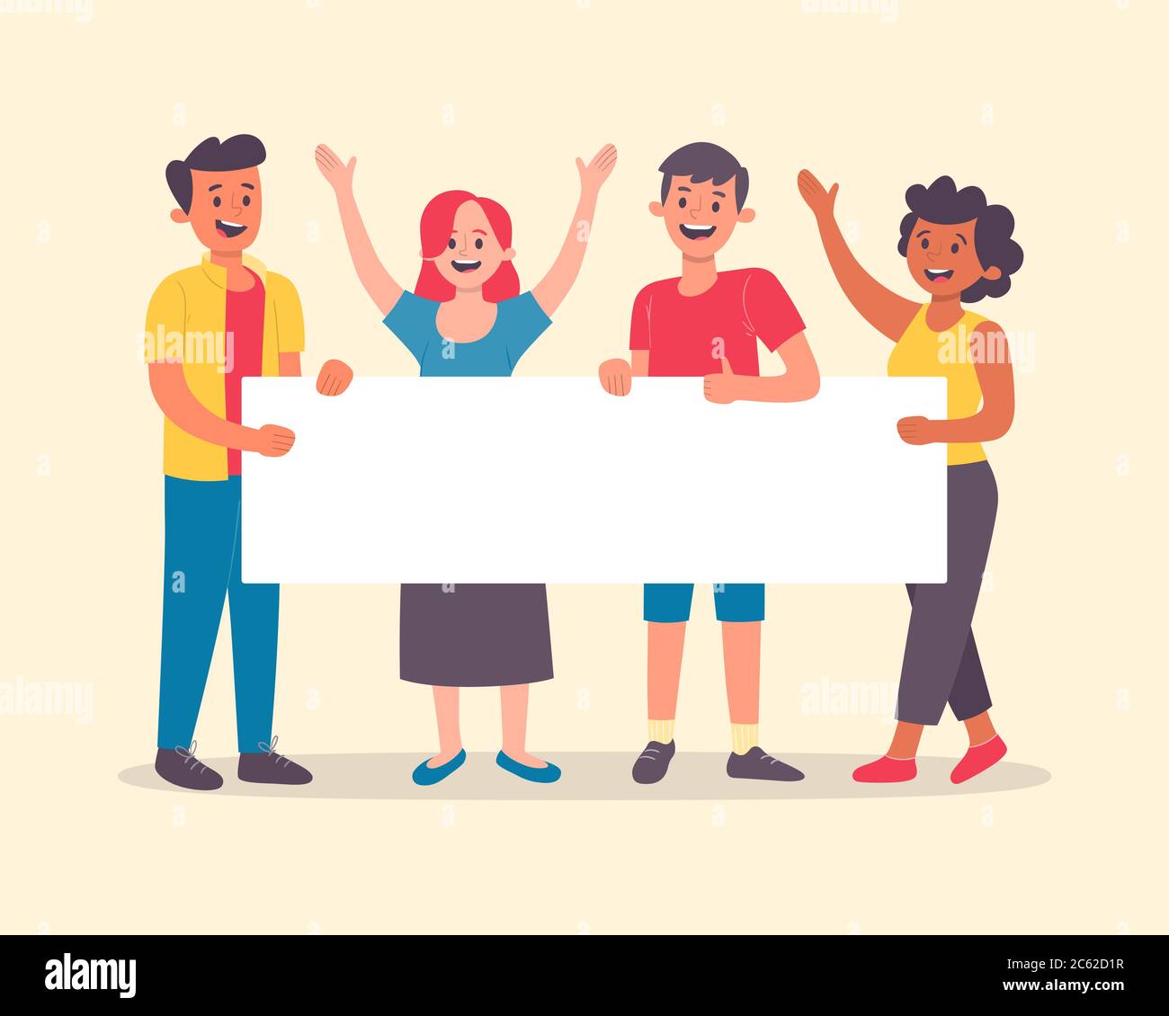 Happy young people holding a blank banner for text. Multiracial men and ...