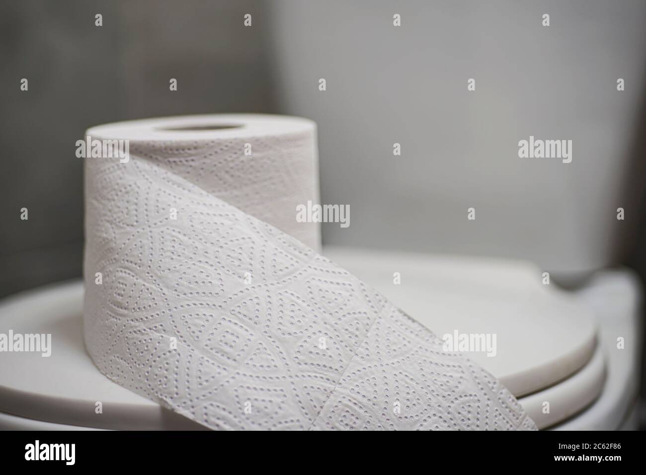 a roll of toilet white paper stands in the toilet Stock Photo - Alamy
