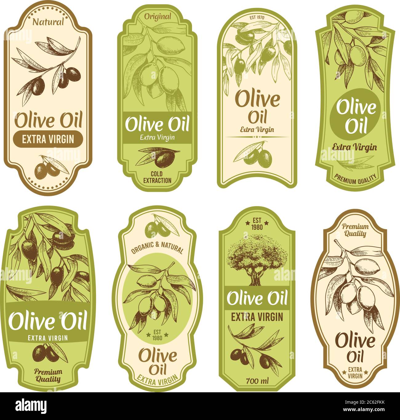 Olive oil label. Premium extra virgin oils, black olives on branches ...