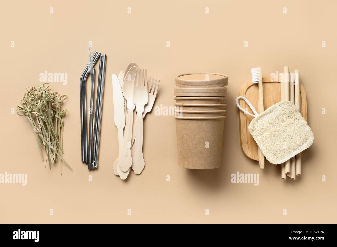 Renewable individual objects, bamboo or metal straws, disposable cups ...