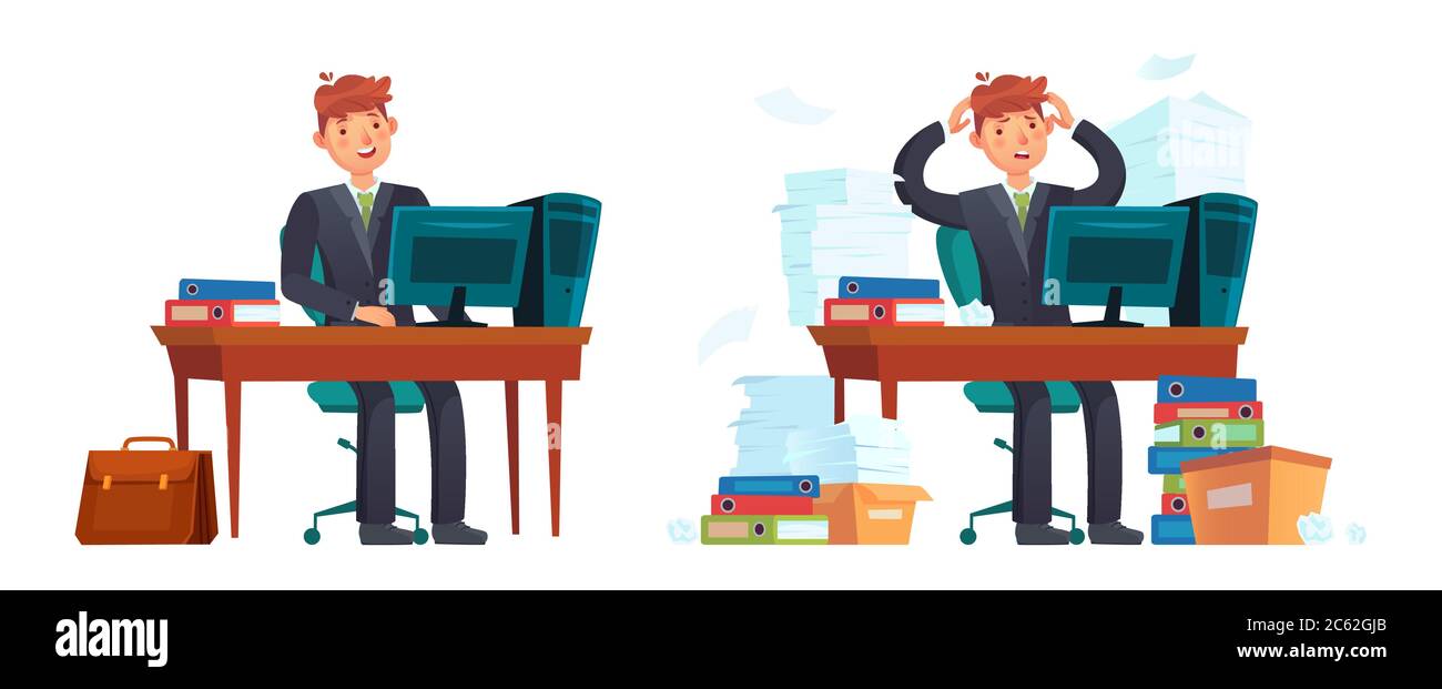Businessman at workplace. Happy and stressed office worker Stock Vector ...
