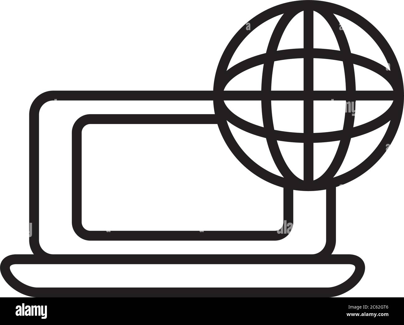 laptop computer with global sphere icon over white background, line ...