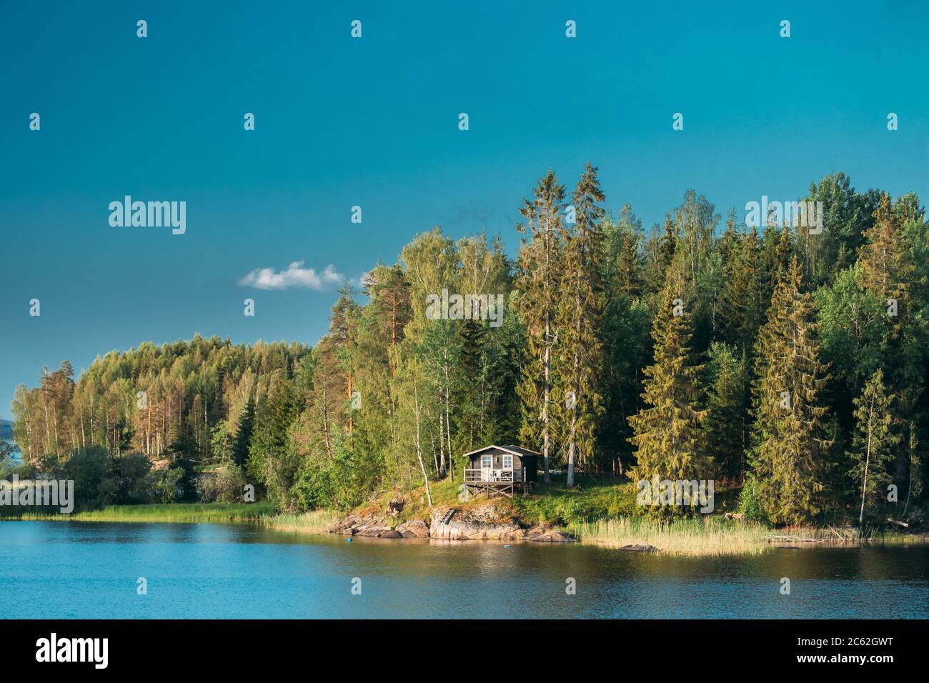 Sweden. Beautiful Swedish Wooden Log Cabin House On Rocky Island Coast ...