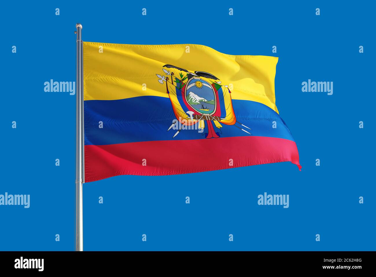 Ecuador national flag waving in the wind on a deep blue sky. High ... Ecuador national flag waving in the wind on a deep blue sky. High ...