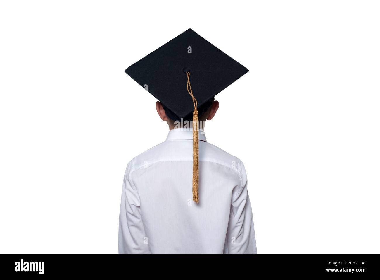 Boy wears the graduate hat. Isolated on white background. Back view ...