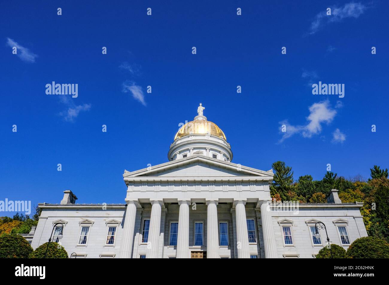 Detailed architecture of the large State House seen in Vermont, used as ...