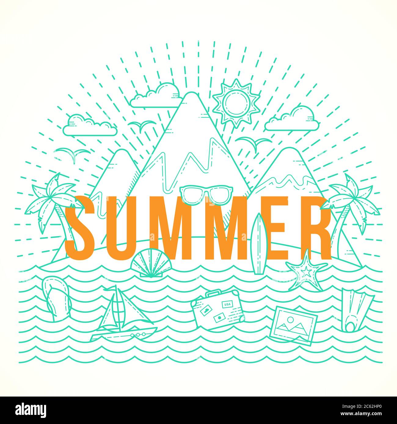 Line Style Flat Vector Summer Illustration with Isle, Ocean, Mountains ...