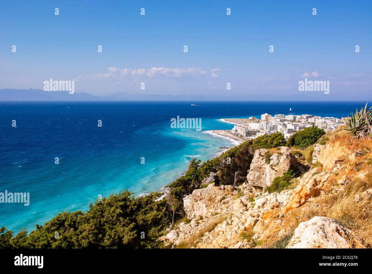 View of Rhodes town with azure sea water. Rhodes island, Greece Stock ...