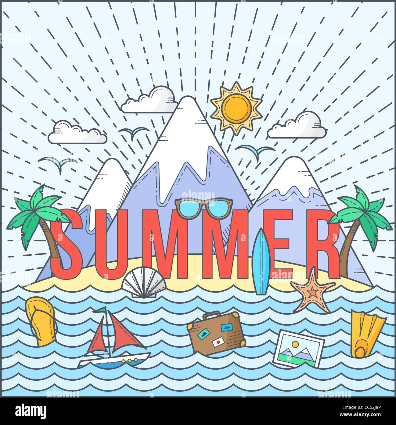 Line Style Flat Vector Color Summer Card or Illustration with Isle ...