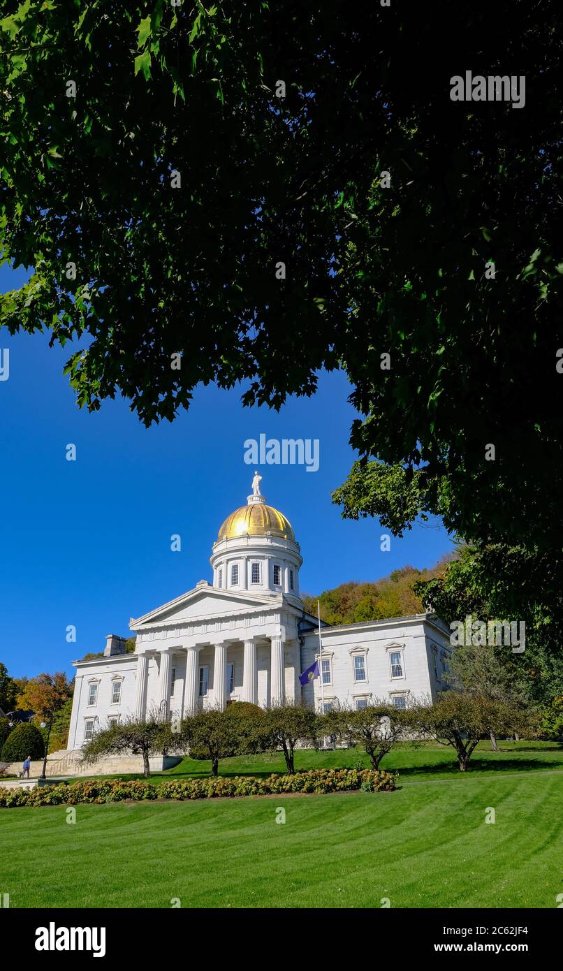 Detailed architecture of the large State House seen in Vermont, used as ...