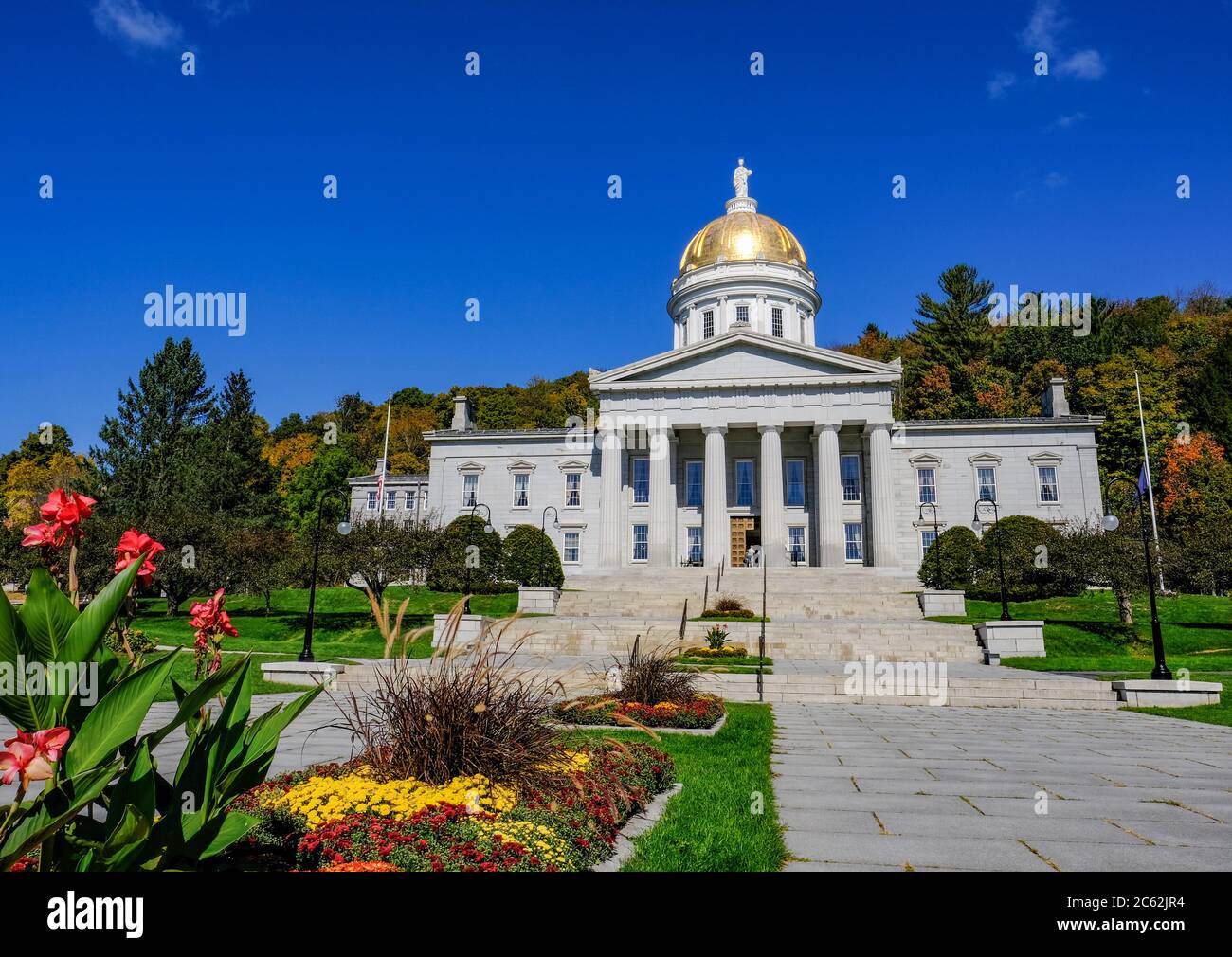 Detailed architecture of the large State House seen in Vermont, used as ...