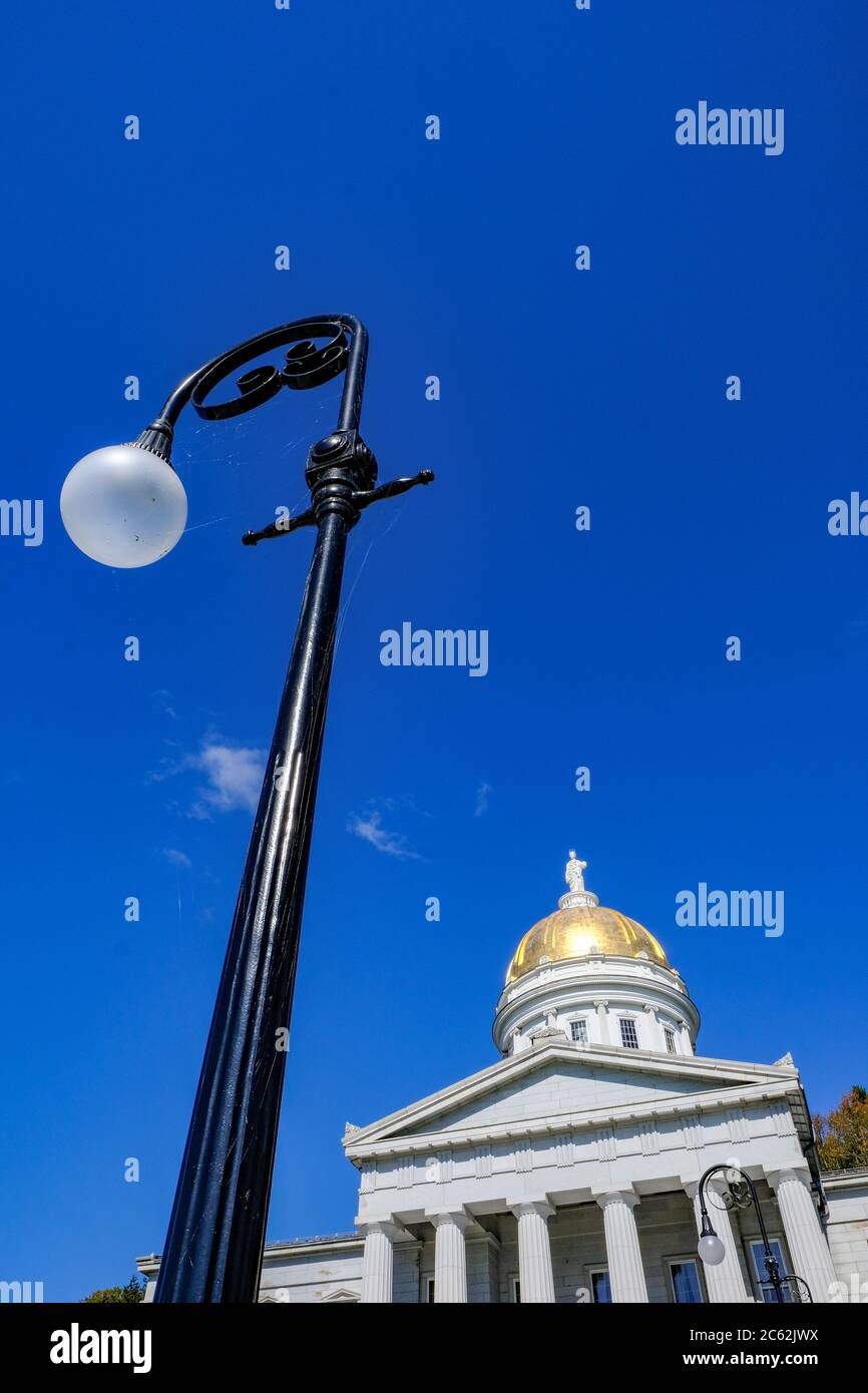 Detailed architecture of the large State House seen in Vermont, used as ...