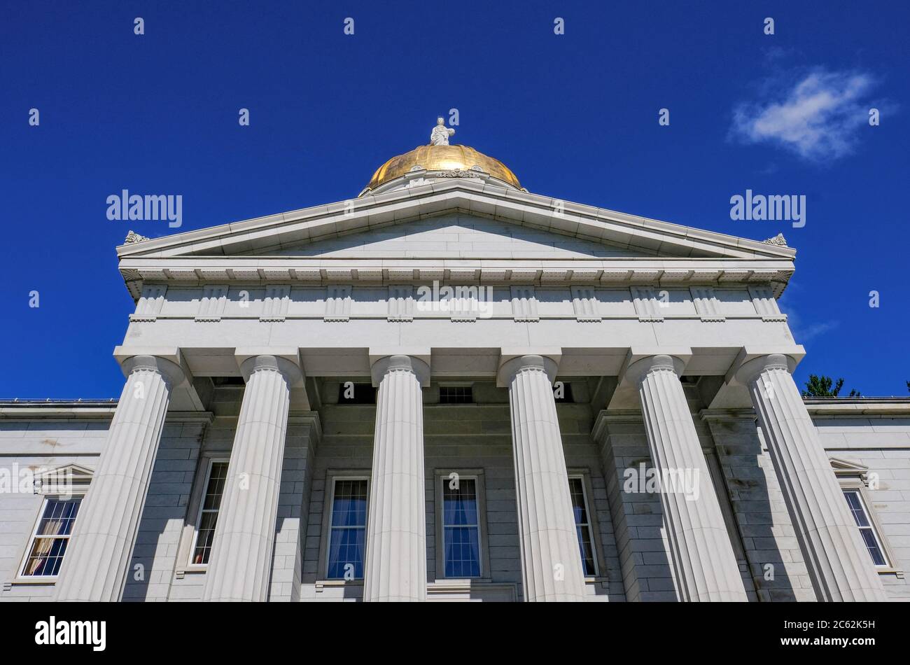 Detailed architecture of the large State House seen in Vermont, used as ...