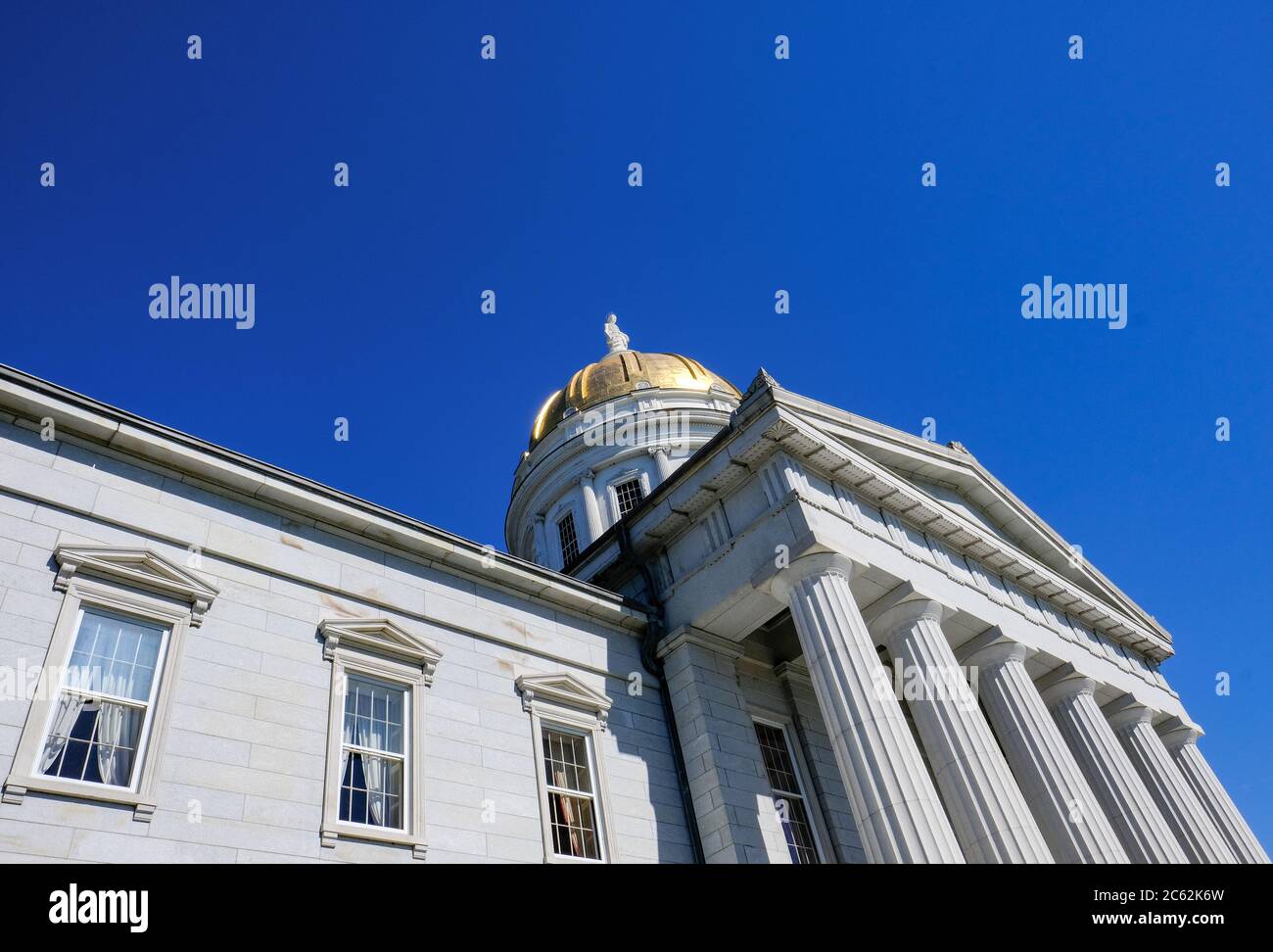 Detailed architecture of the large State House seen in Vermont, used as ...