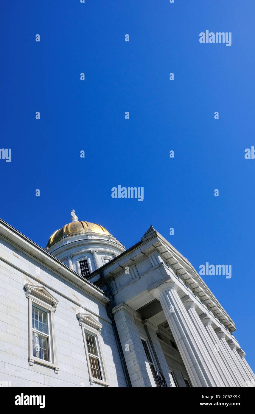 Detailed architecture of the large State House seen in Vermont, used as ...