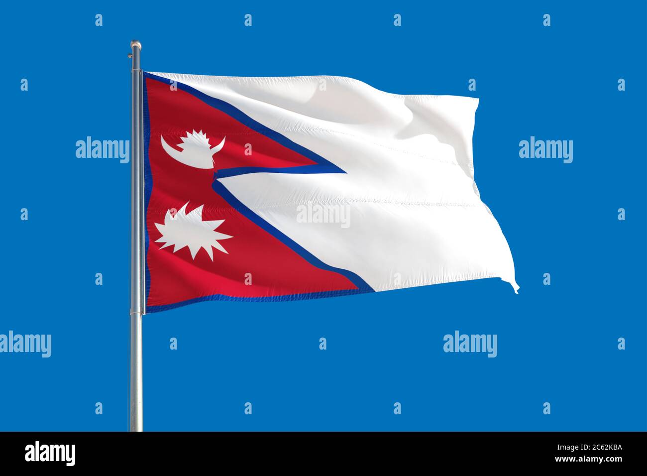 Nepal National Flag Waving In The Wind On A Deep Blue Sky High Quality
