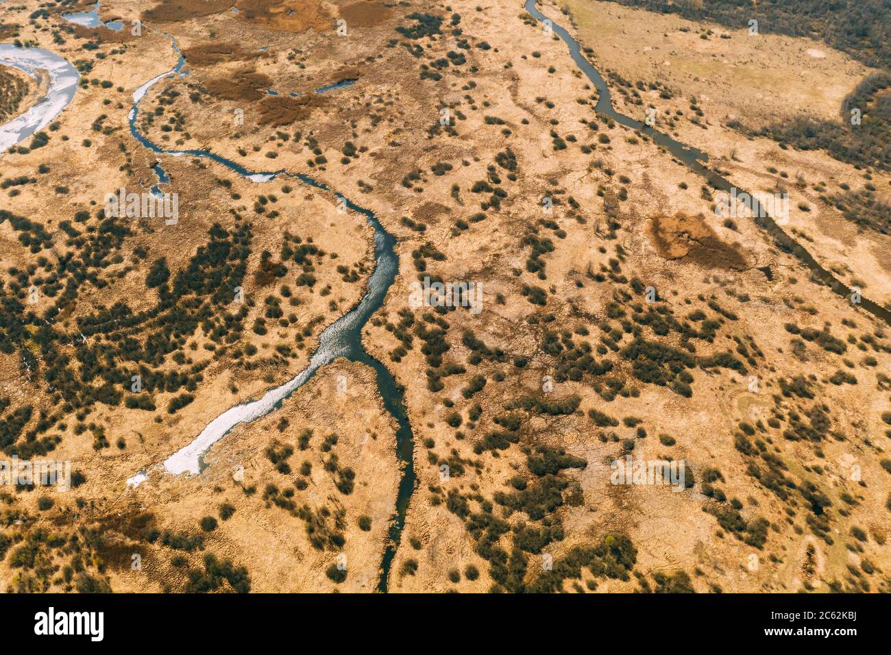 Aerial View Curved River In Early Spring Landscape. River bends Curves ...