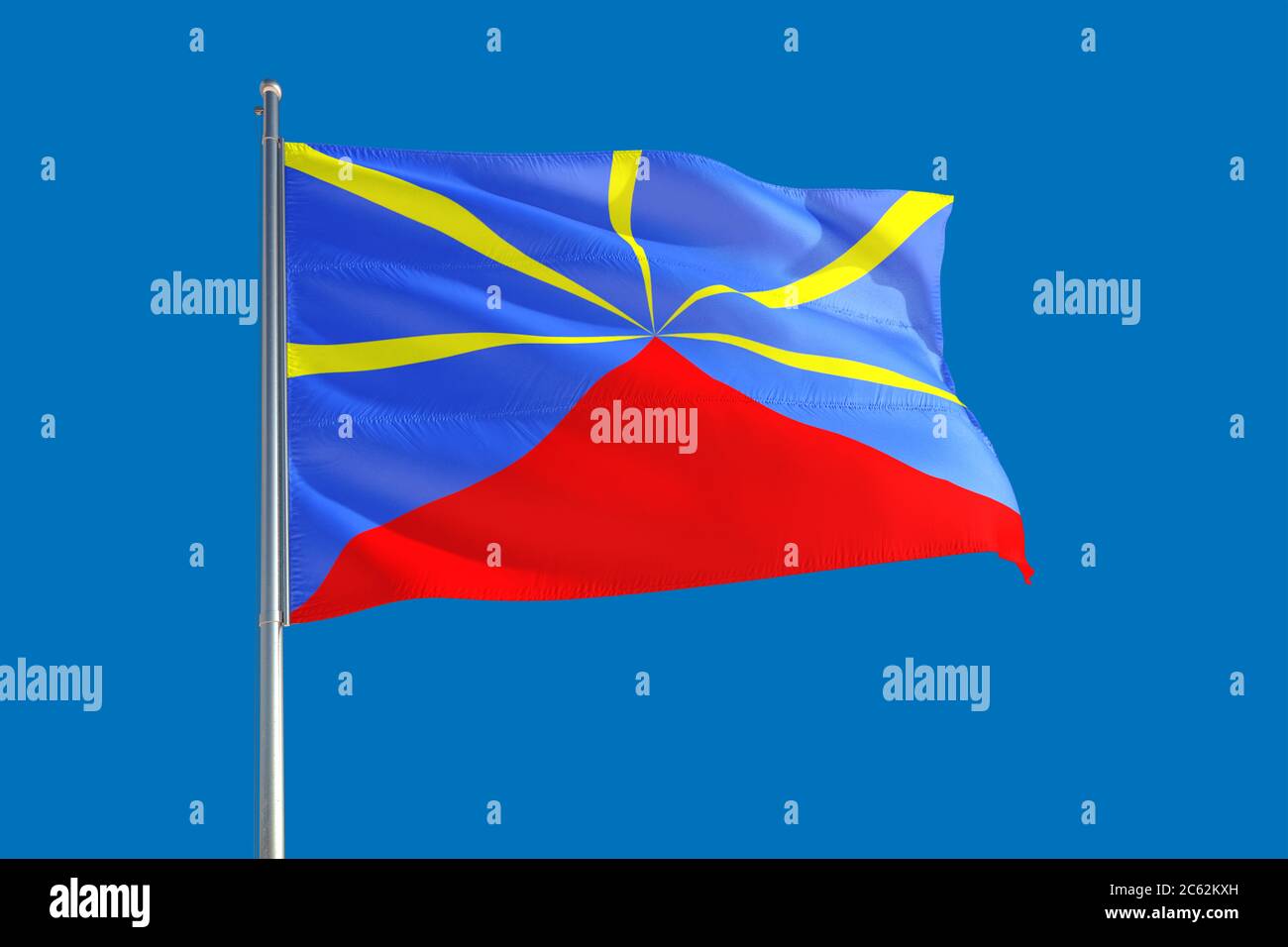 Reunion national flag waving in the wind on a deep blue sky. High ...