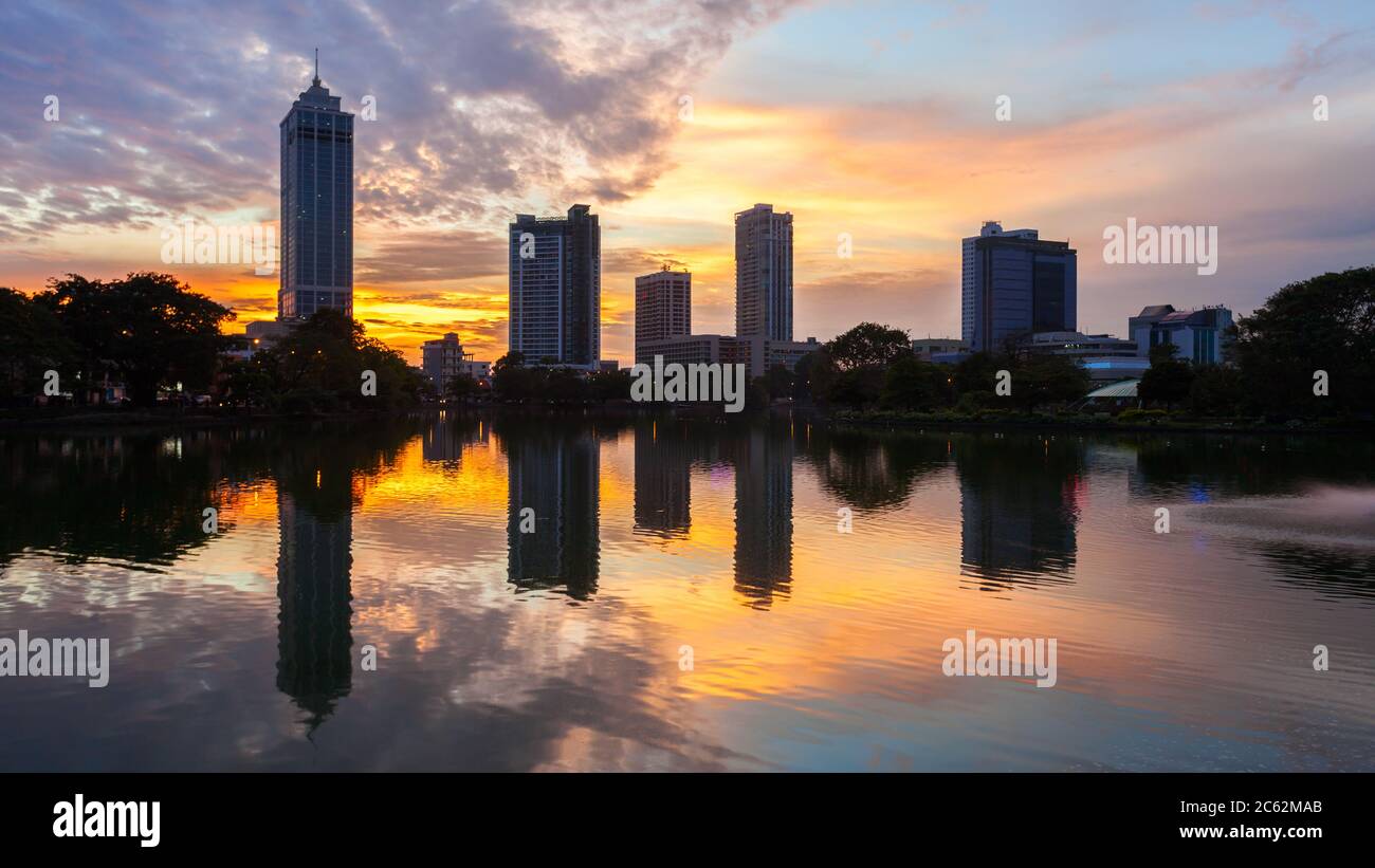 Beira lake and Colombo city skyline view at sunset. Beira lake is a ...