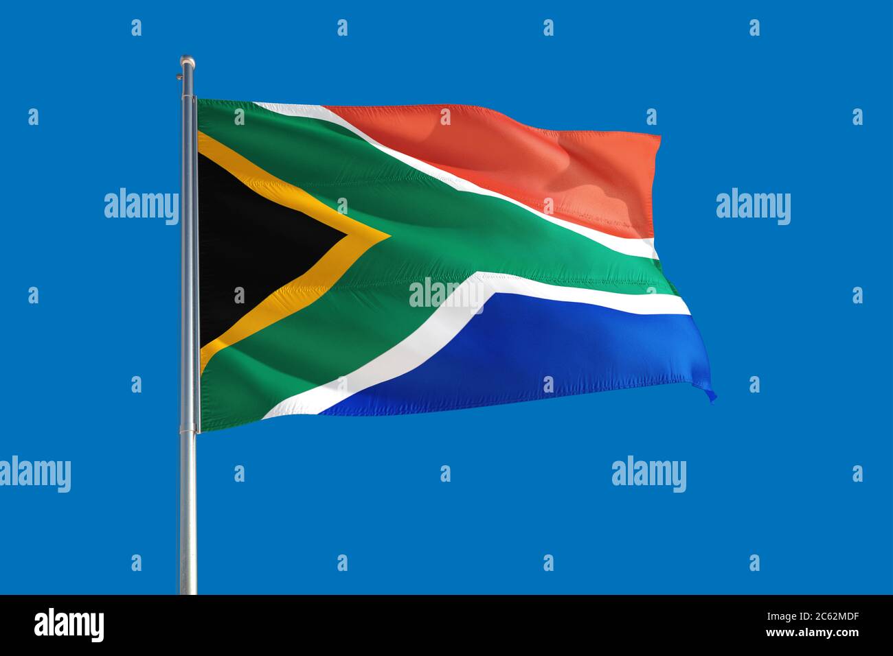 South Africa national flag waving in the wind on a deep blue sky. High ...