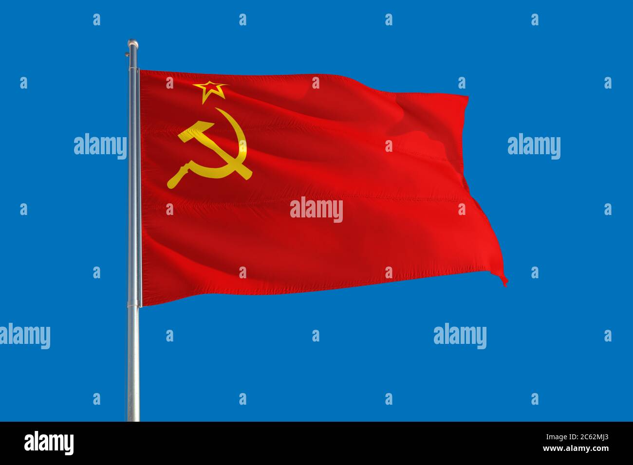 Soviet Union national flag waving in the wind on a deep blue sky. High ...