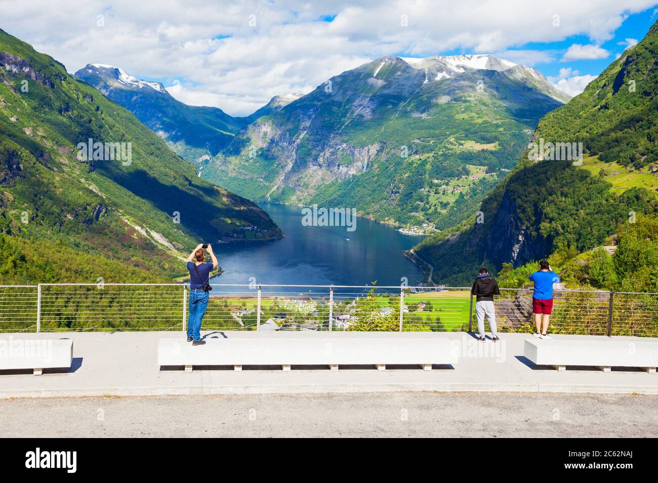 Flydalsjuvet viewpoint with Geirangerfjord and Geiranger village aerial ...