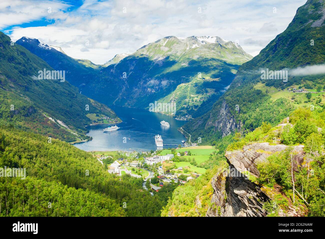 Geirangerfjord and Geiranger village aerial view from Flydalsjuvet ...