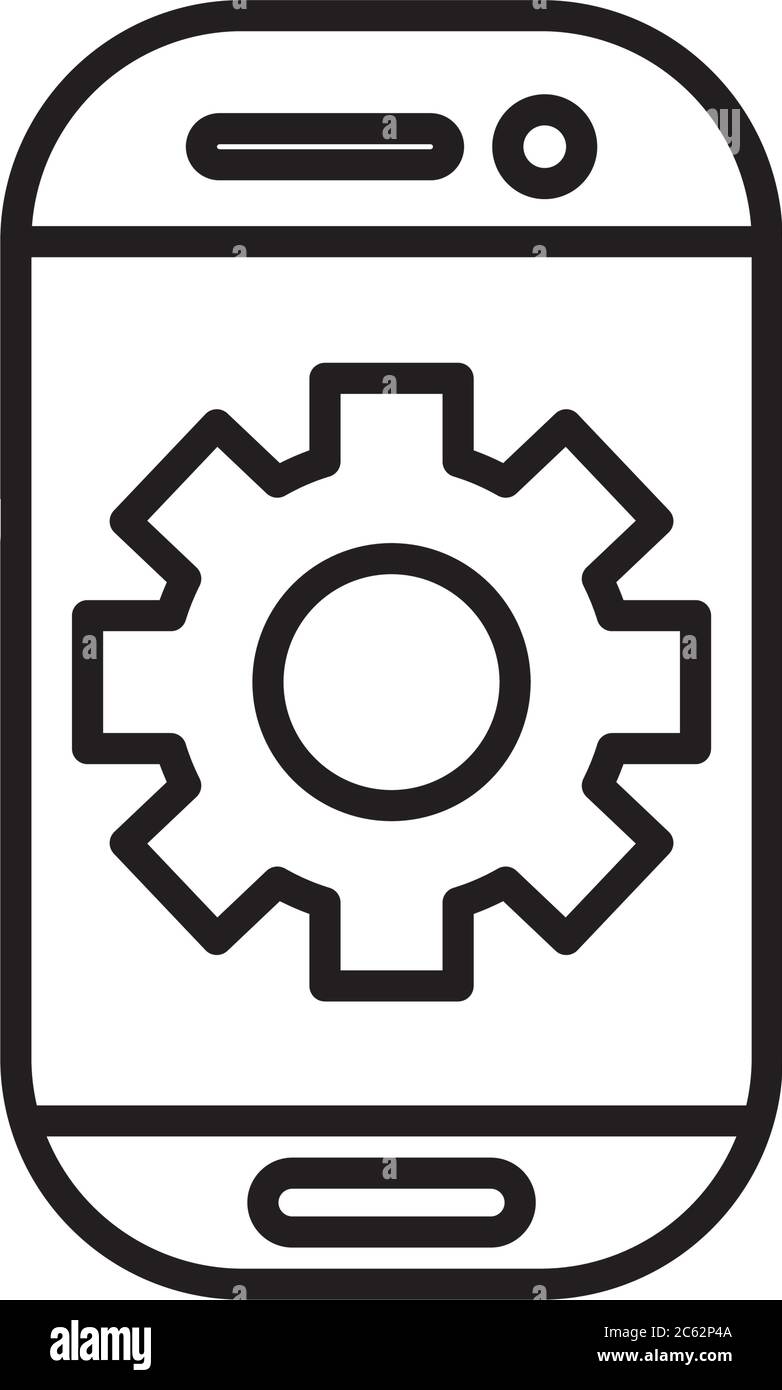 smartphone with gear wheel icon on screen over white background, line ...