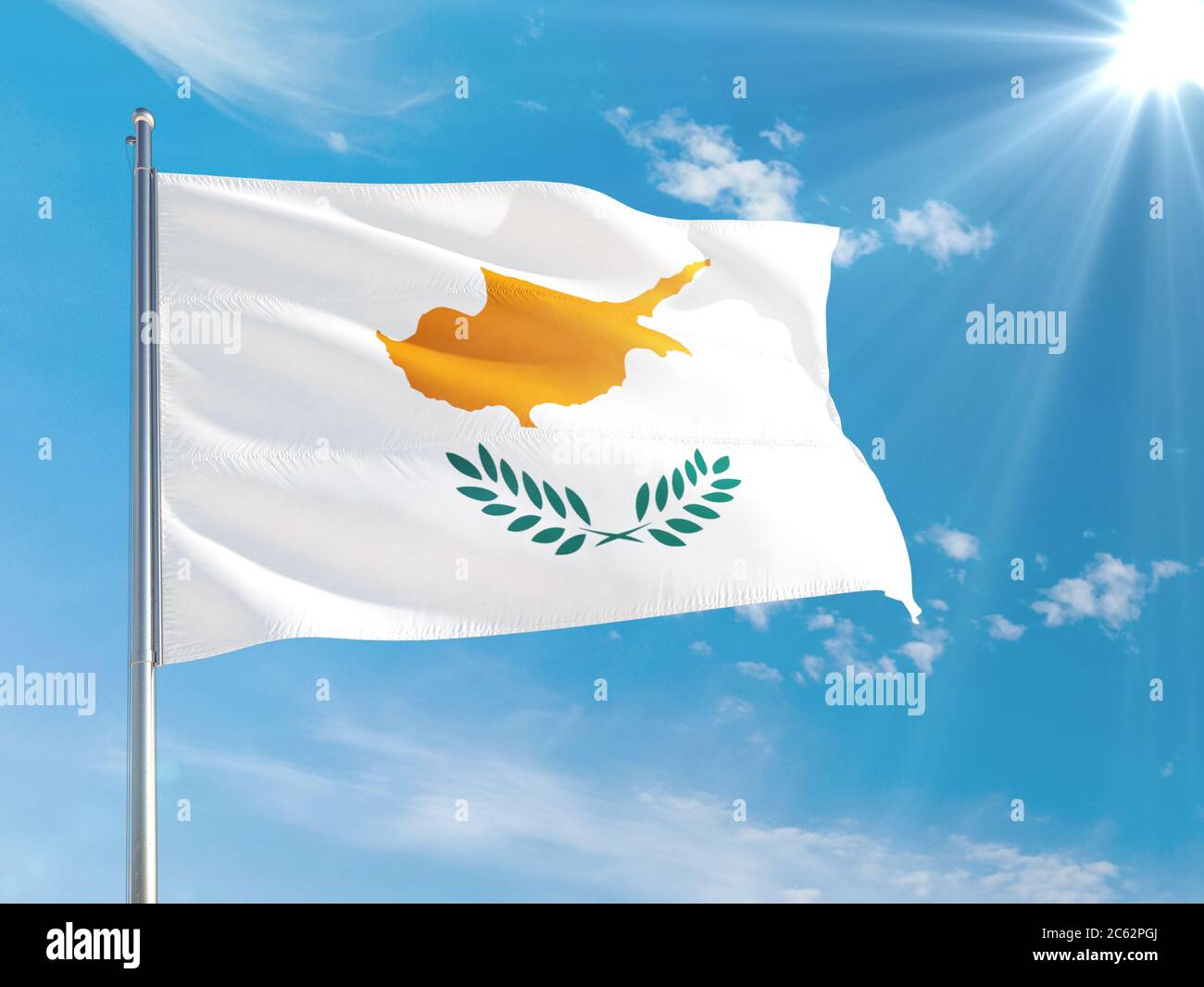 Cyprus national flag waving in the wind against deep blue sky. High ...