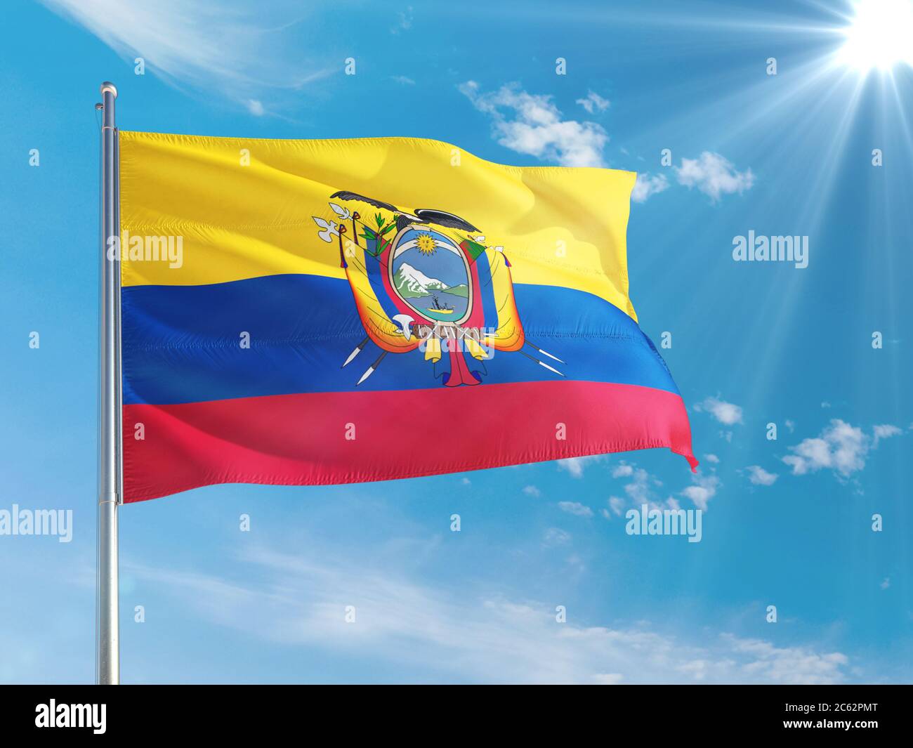 Ecuador national flag waving in the wind against deep blue sky. High ... Ecuador national flag waving in the wind against deep blue sky. High ...