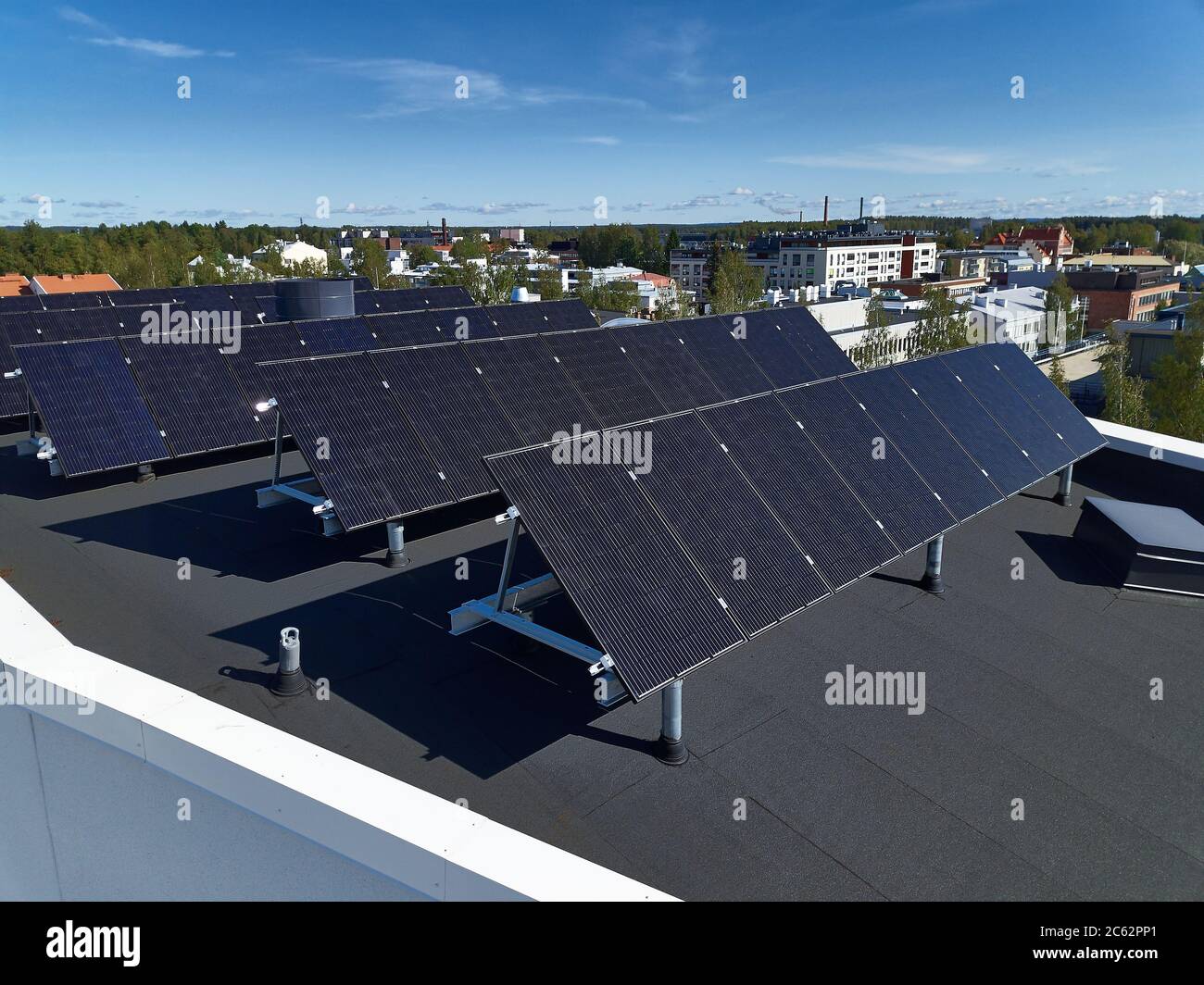 Aerial view of solar panels on the roof of the apartment building Stock ...