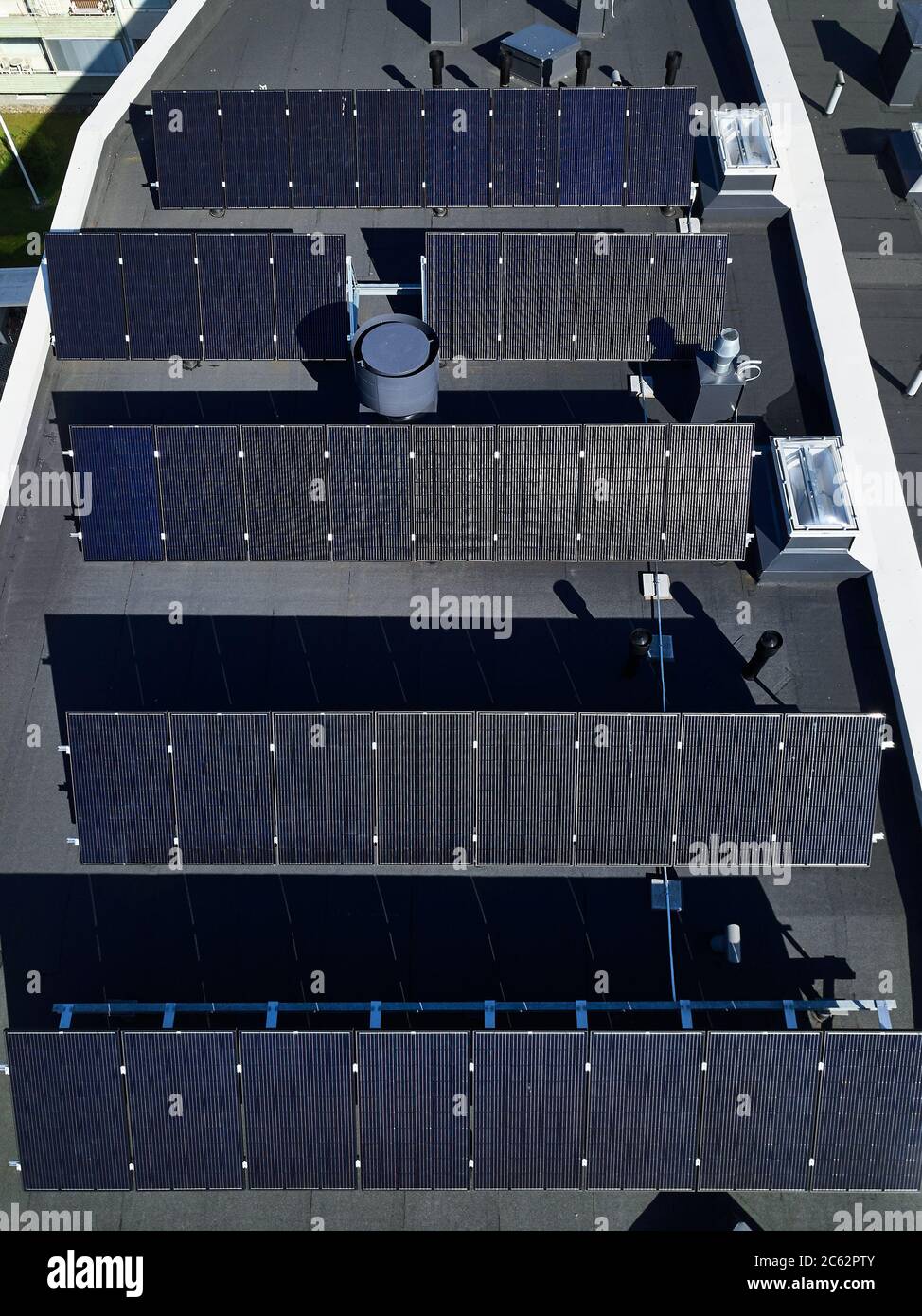 Aerial view of solar panels on the roof of the apartment building Stock ...