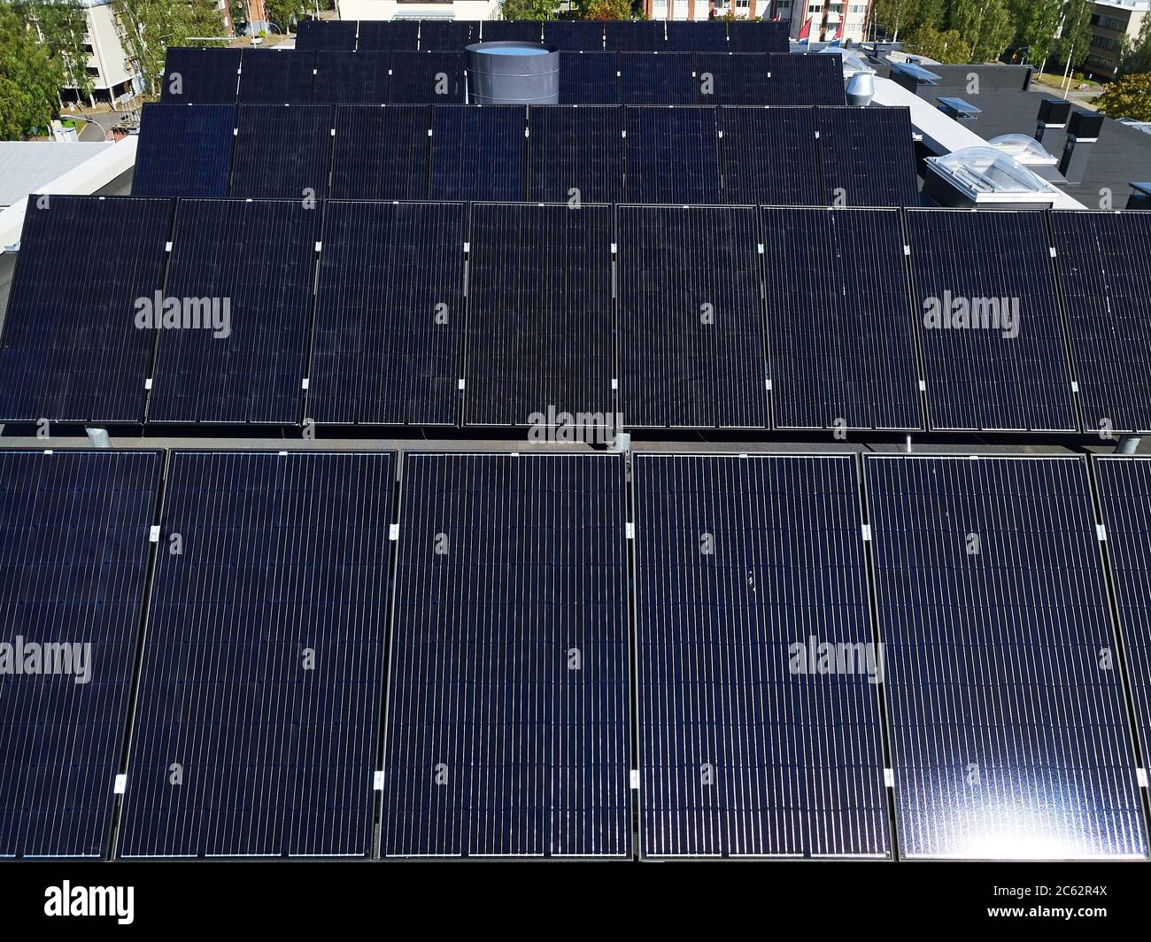 Aerial view of solar panels on the roof of the apartment building Stock ...