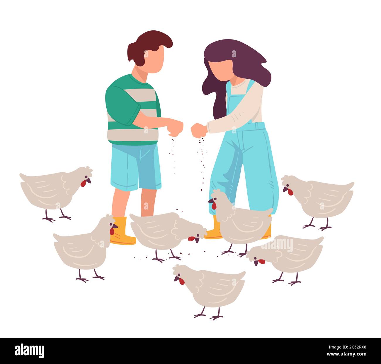 Children feeding chicken on farm, boy and girl Stock Vector Image & Art ...
